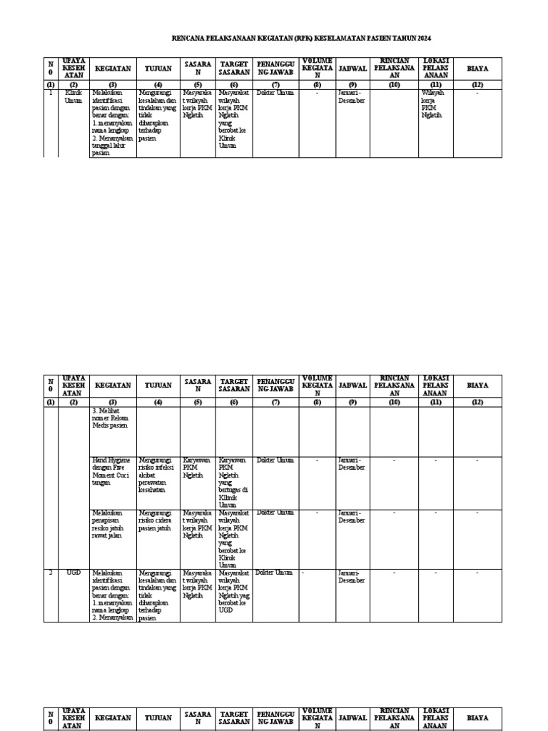 Rencana Pelaksanaan Kegiatan (RPK) Keselamatan Pasien 2024 Ngletih New | PDF