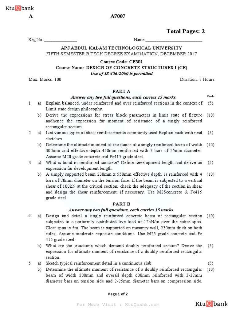 2017 December CE301-A Design of Concrete Structures I - Ktu Qbank | PDF | Beam (Structure) | Stairs