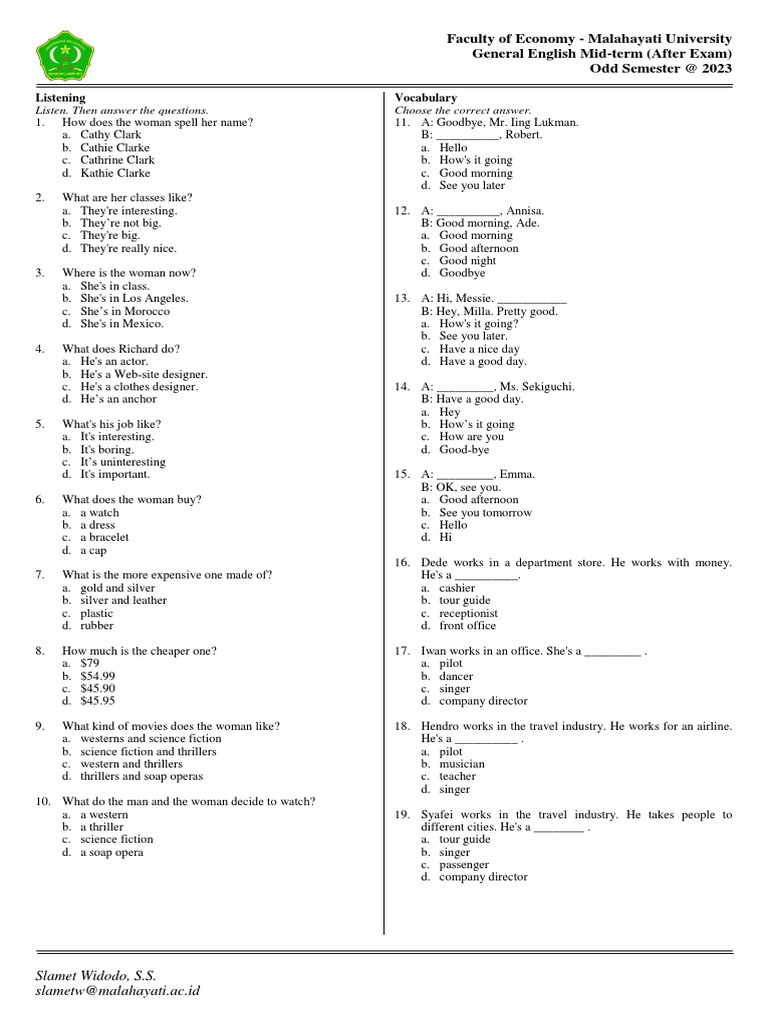 General English Mid-term Exam Review at Malahayati University | PDF