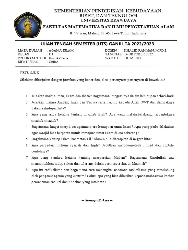 UTS Agama Islam: Soal dan Petunjuk | PDF