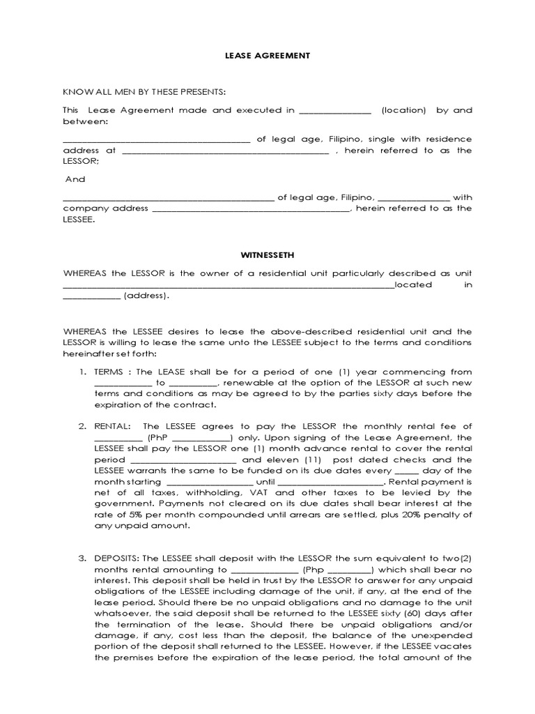 Lease Agreement Template For A Bare Unit | Download Free PDF | Lease ...