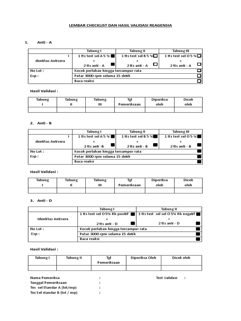 Lembar Checklist Dan Hasil Validasi Reagensia | PDF
