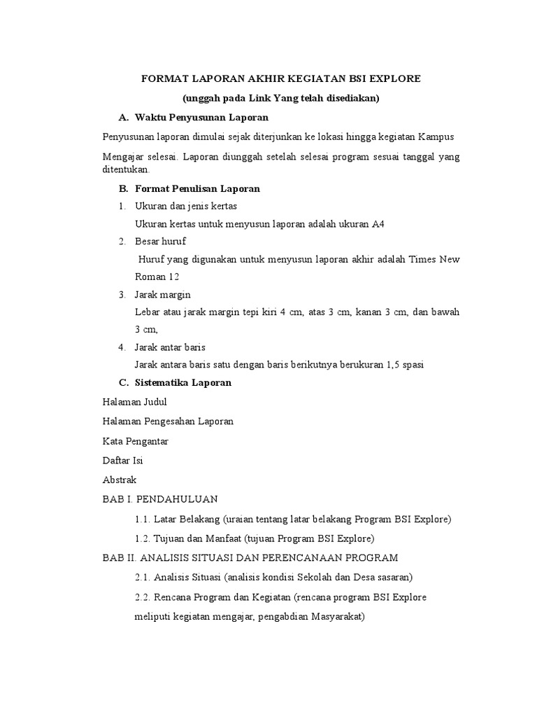 Format Laporan Akhir Kegiatan Bsi Explore | PDF