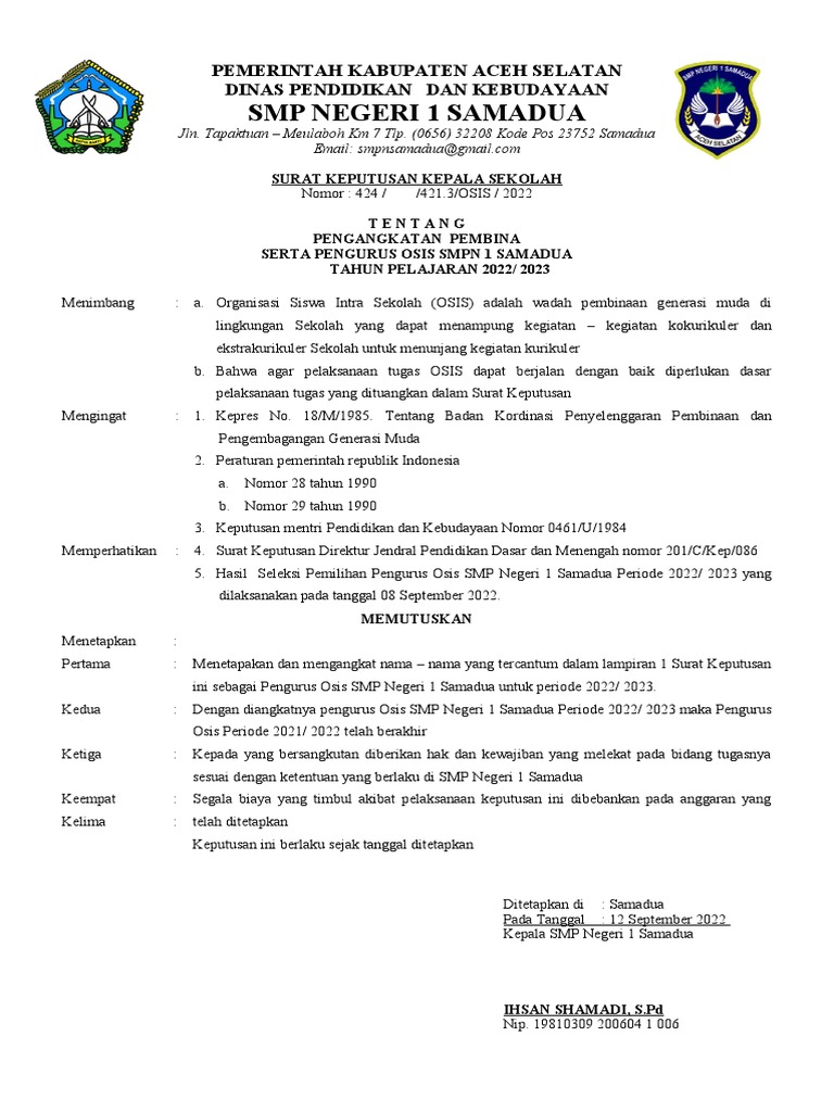 SK Pengurus Osis 2022-2023 | PDF