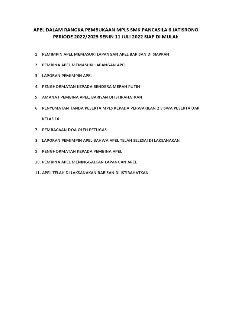 Susunan Acara Apel MPLS SMK Pancasila | PDF | Sains & Matematika