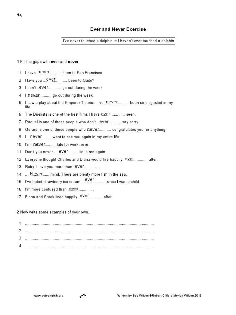 Ever and Never Exercise ANSWERS | PDF