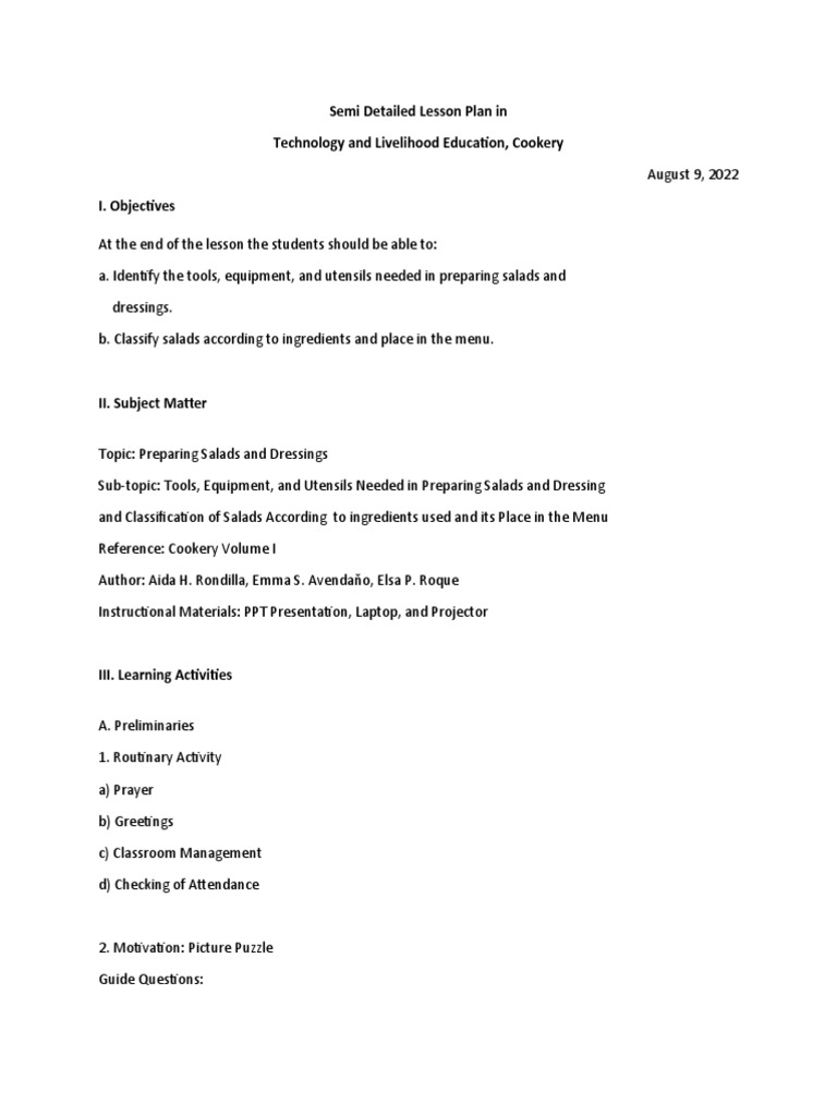 Semi Detailed Lesson Plan in Cookery 11 | PDF | Salad | Lesson Plan