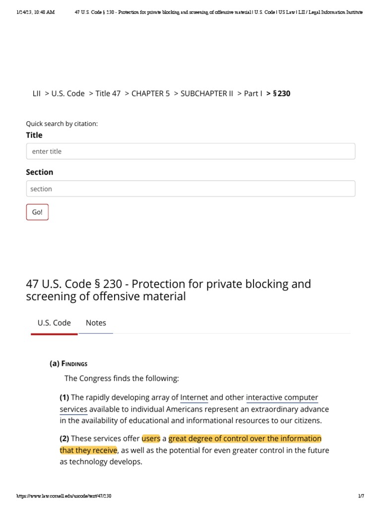 47 U.S. Code 230 - Protection For Private Blocking and Screening of Offensive Material - U.S ...