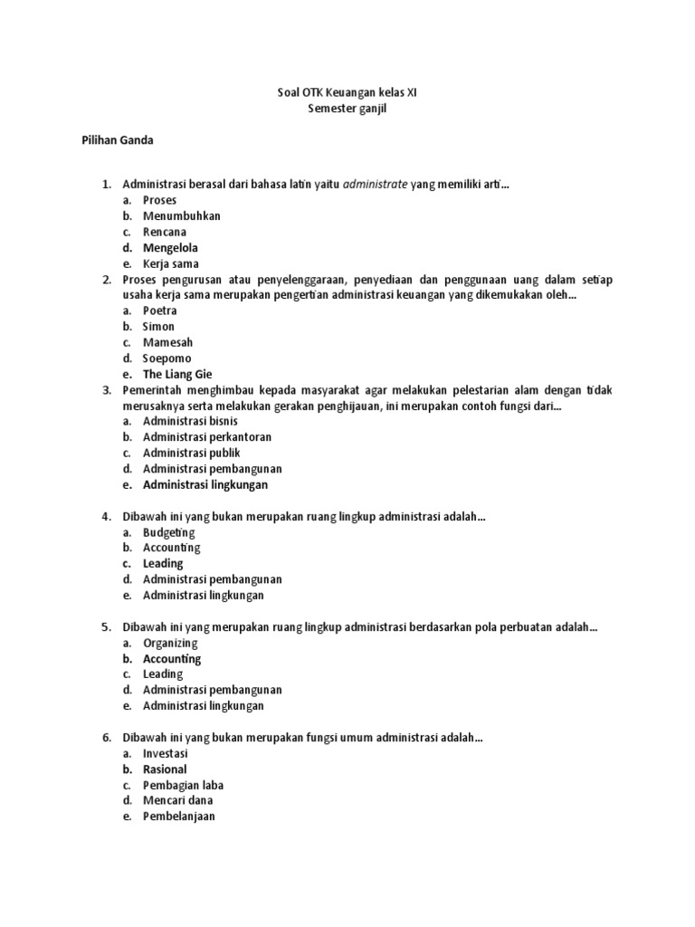 Soal OTK Keuangan Kelas XI Ganjil | PDF | Pengelolaan Keuangan & Uang