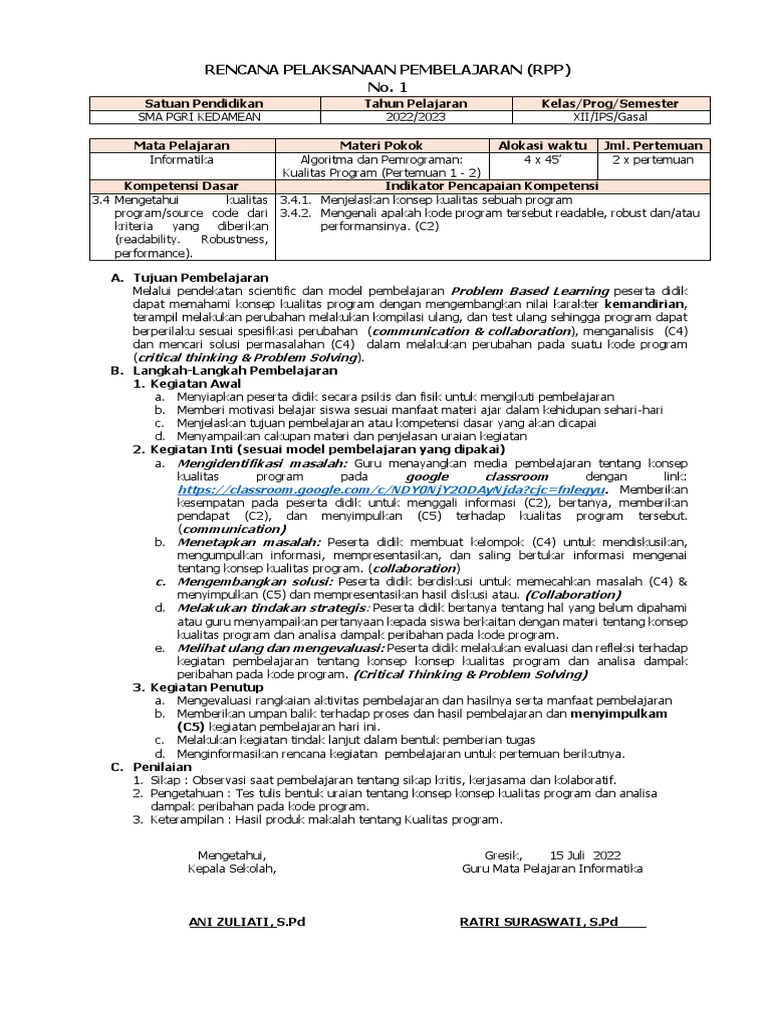 RPP Informatika Kelas Xii Semester 1 | PDF