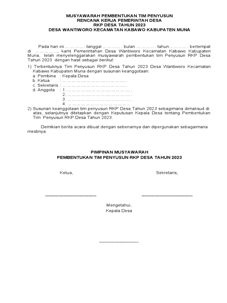 BERITA ACARA PEMBENTUKAN TIM PENYUSUN RKPDes | PDF