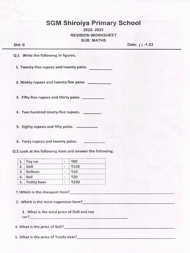 STD II Maths Revision Worksheet | PDF