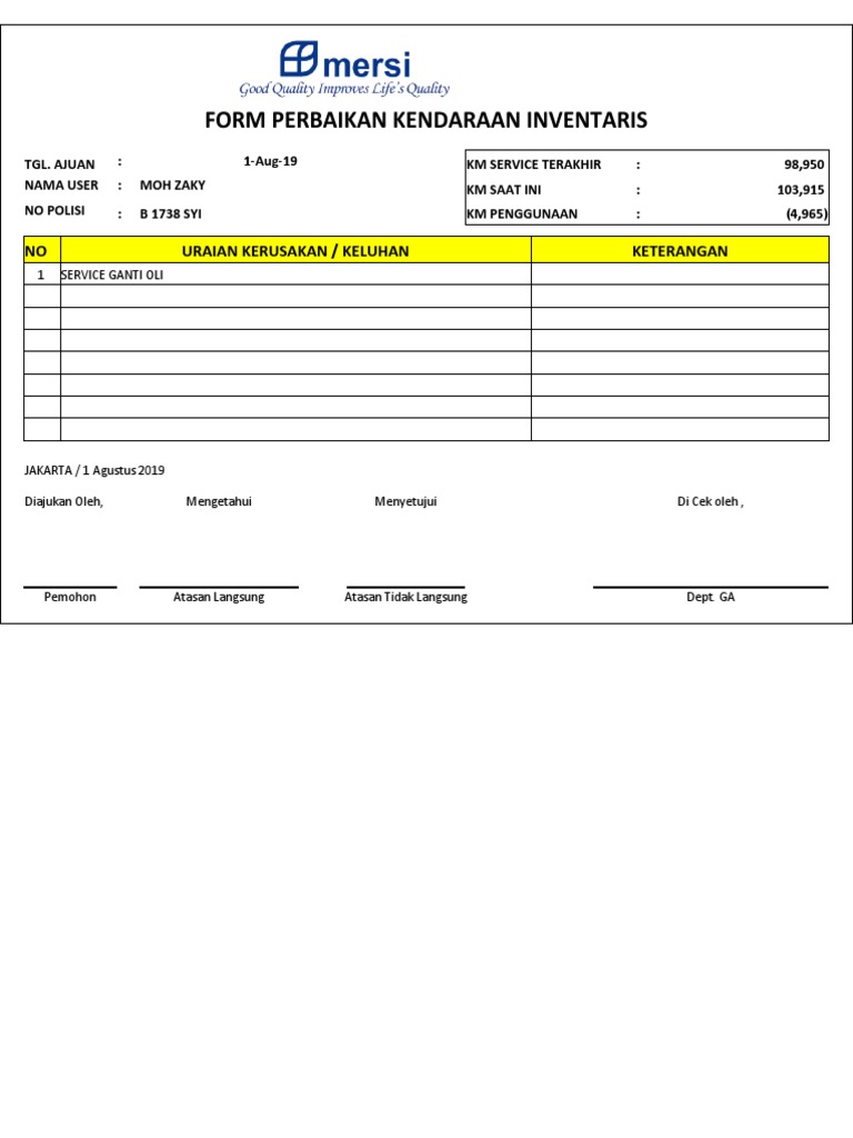 Form Perbaikan Kendaraan Inventaris Kosong | PDF | Teknologi & Rekayasa
