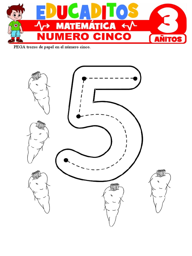 Instrucciones para pegar trozos de papel en el número cinco y contar ...
