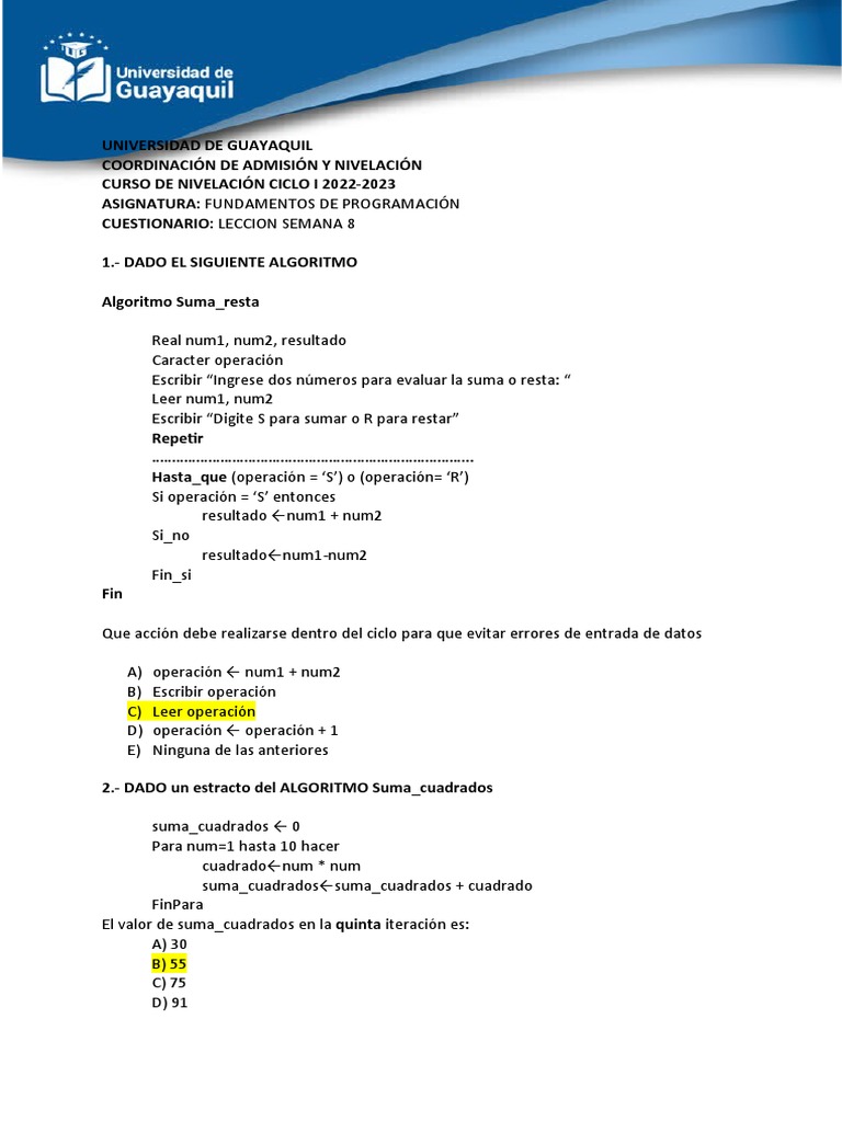 Cuestionario - U3 - Lección 8 - S8 | PDF | Algoritmos | Desarrollo de ...