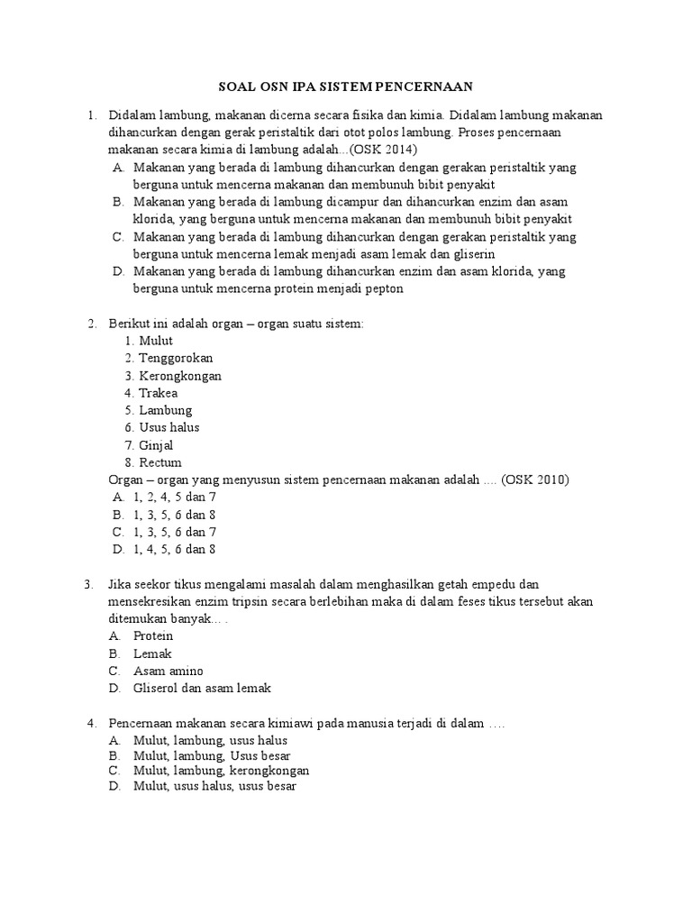 Soal Osn Ipa Sistem Pencernaan | PDF