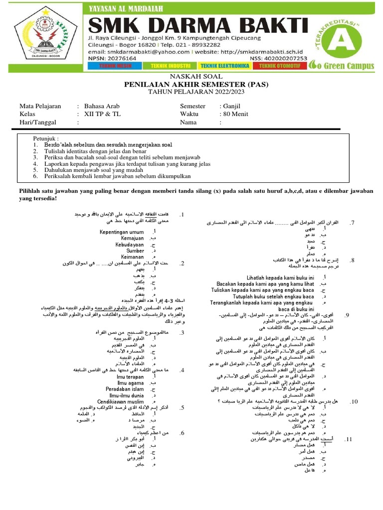 Soal Bahasa Arab Kelas 12 | PDF