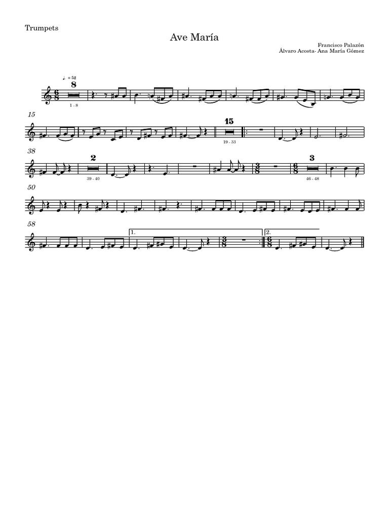Musical Score for Ave María featuring Trumpets, French Horns, and ...