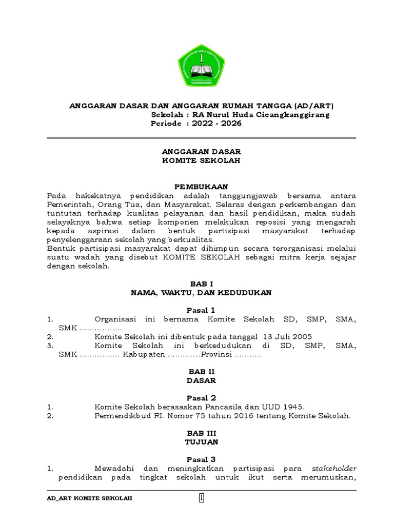 AD/ART Komite Sekolah RA Nurul Huda | PDF