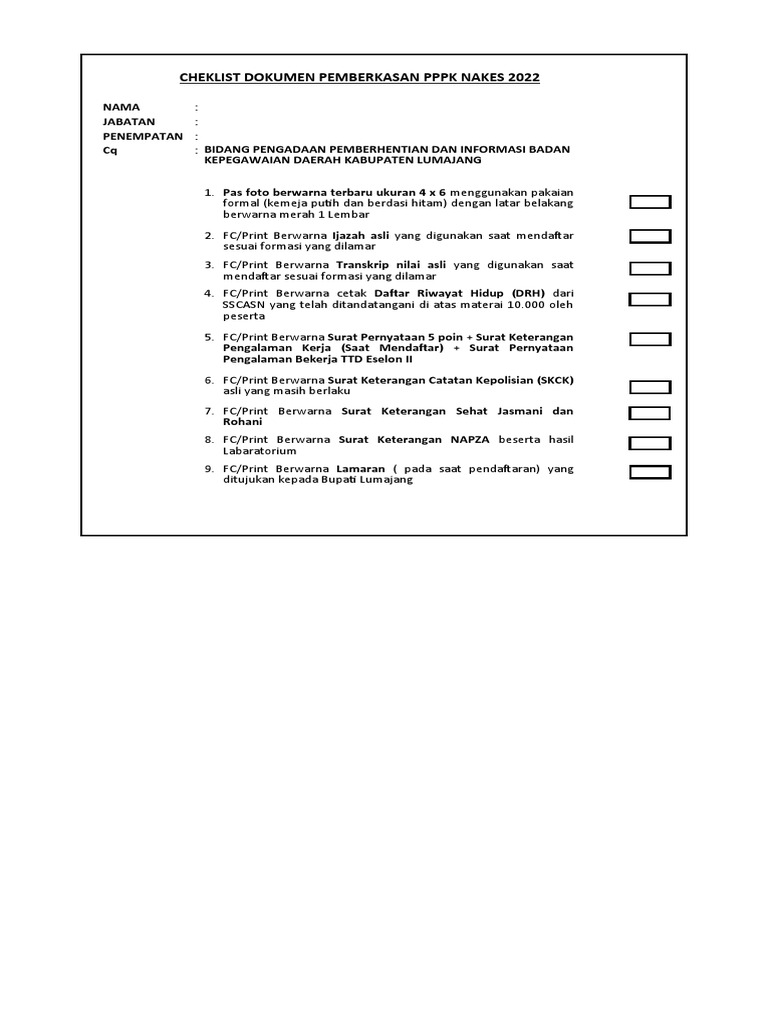 Cheklist Dokumen Pemberkasan P3K Nakes 2022 - BKD | PDF