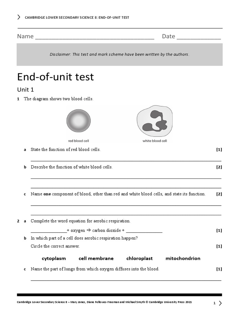 S8 - End-of-Unit 1 Test | PDF | Respiratory System | Lung