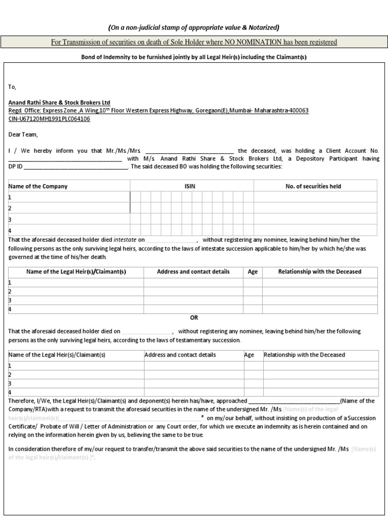 Indemnity Bond Incase Nominee Not recorded-CDSL | PDF | Indemnity | Common Law