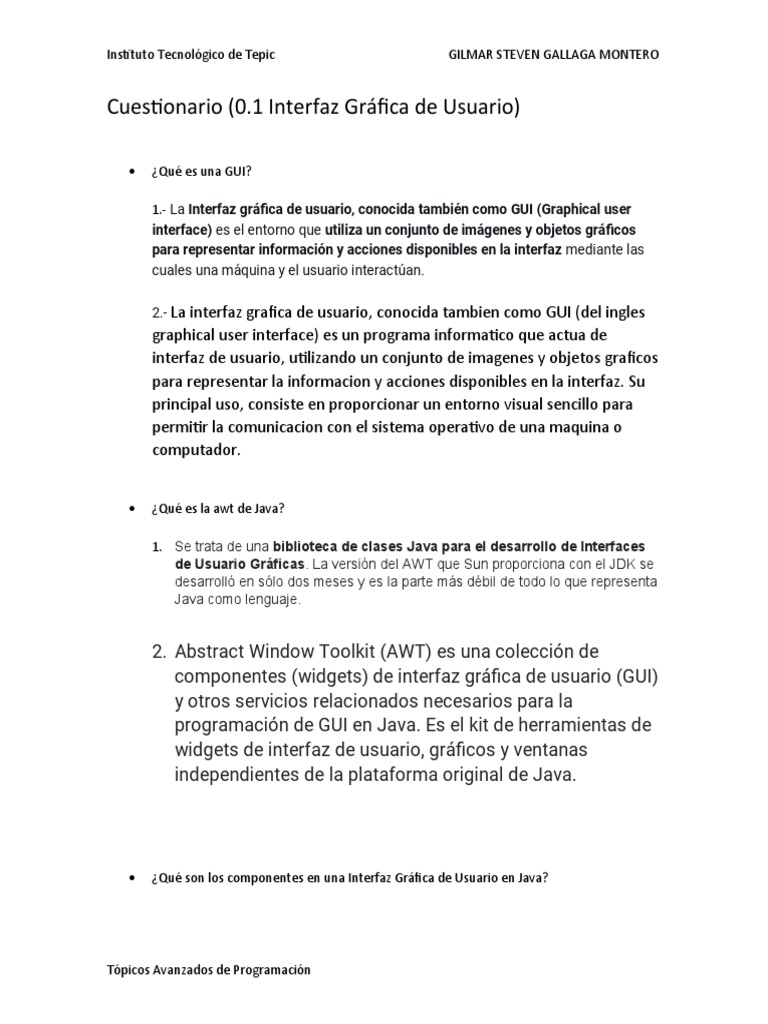 Cuestionario Ejemplo | PDF | Java (lenguaje de programación) | Interfaces gráficas de usuario