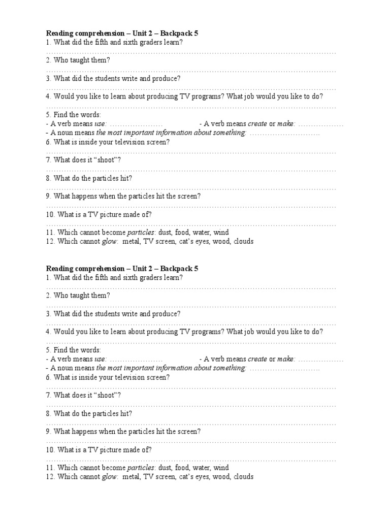 Reading Comprehension Unit 2 Backpack 5 | PDF