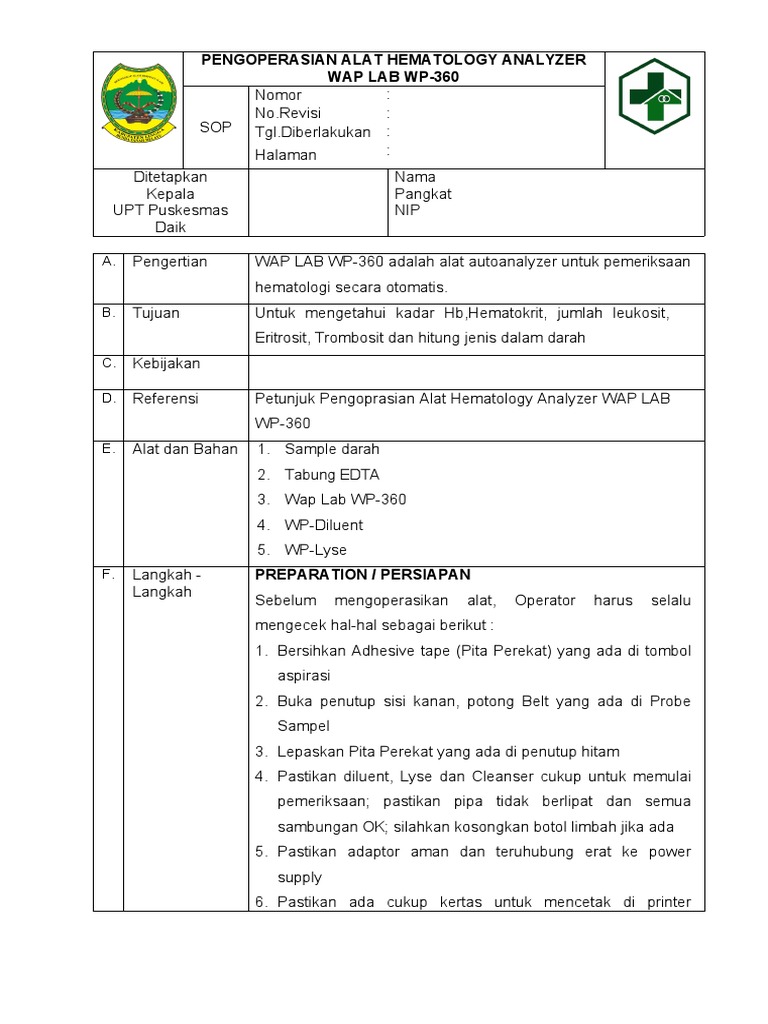 Pengoperasian Alat Hematology Analyzer Wap Lab-360 | PDF