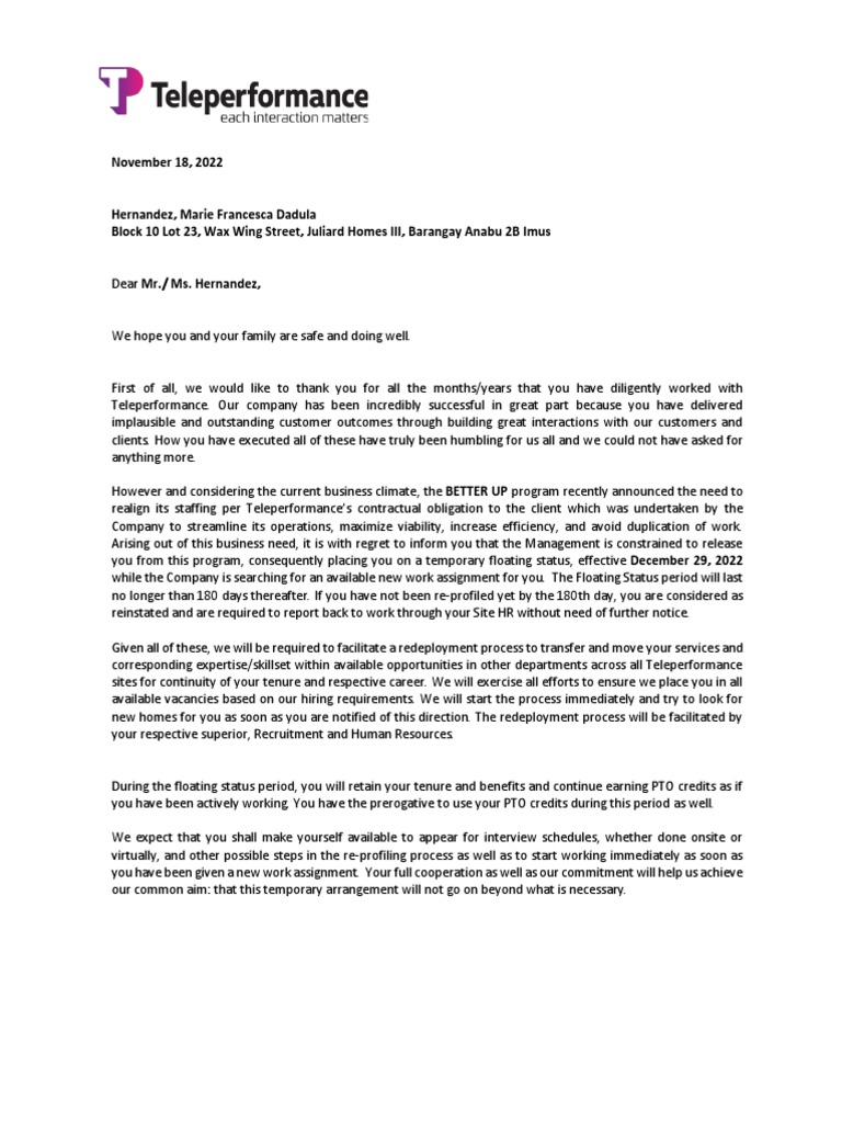 Redeployment Notice (Hernandez, Marie Francesca Dadula) | PDF ...