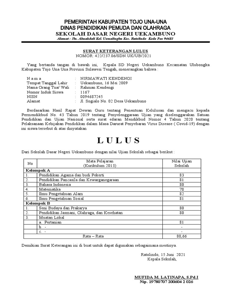 Surat Keterangan Lulus SD 2021 | PDF