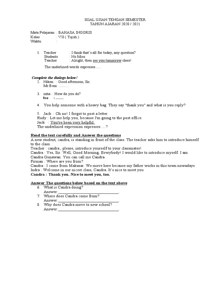 SOAL UJIAN TENGAH SEMESTER Bahasa Inggris | PDF