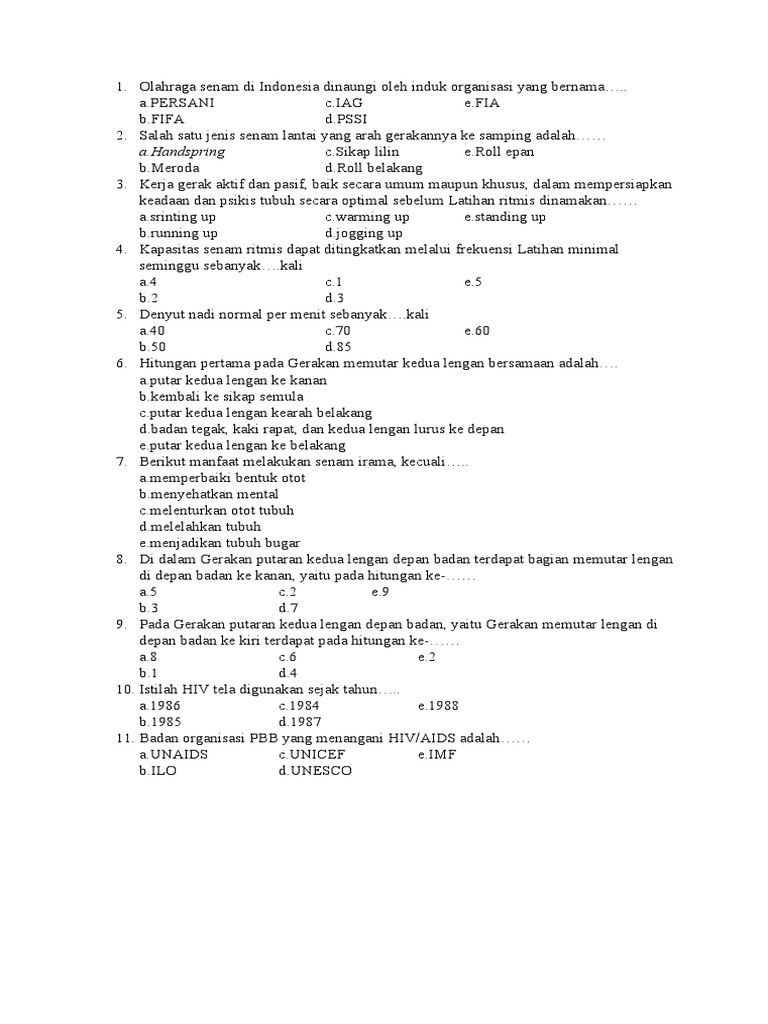 Soal Uas Pjok Kelas Xi & Kunci Jawaban | PDF