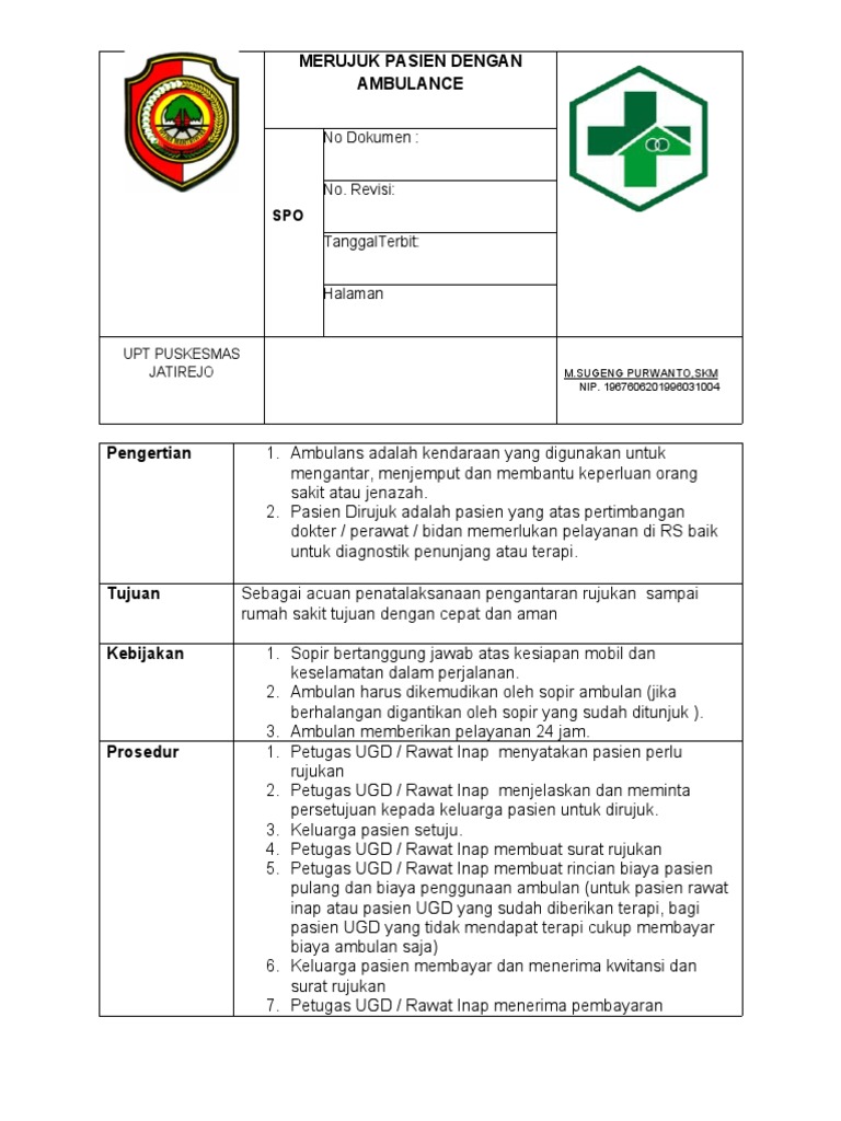 Sop Merujuk Pasien Dengan Ambulance | PDF