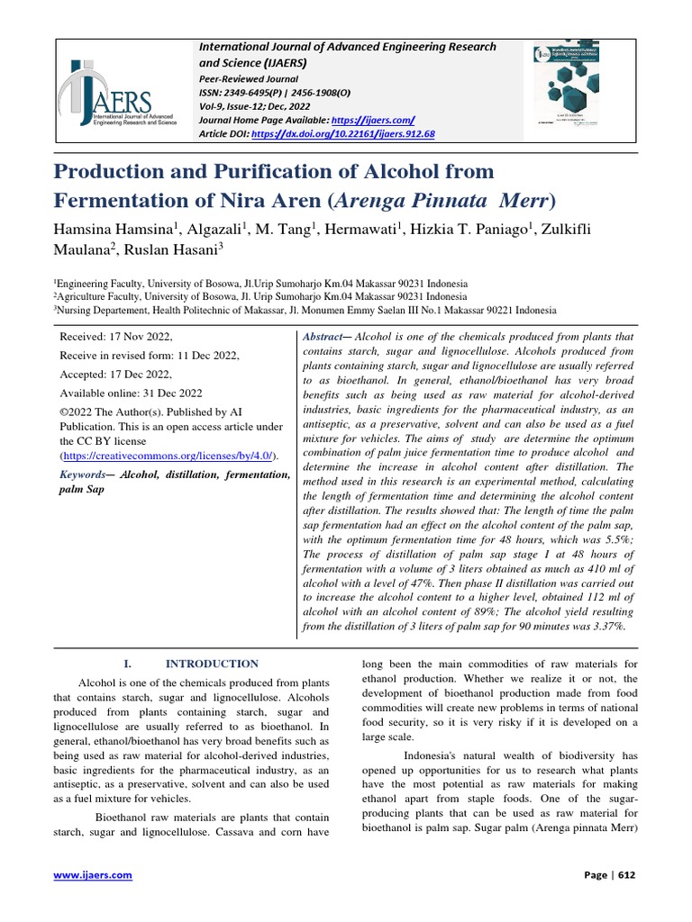 Production and Purification of Alcohol From Fermentation of Nira Aren ...
