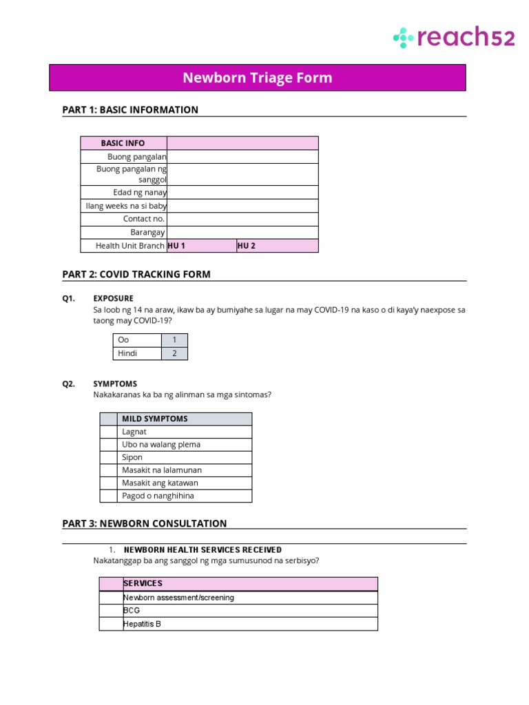 Reach52 Maternal Health Newborn Triage Form | PDF