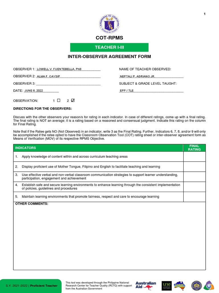 Assessing Teacher Performance: An Inter-Observer Agreement Form for the ...