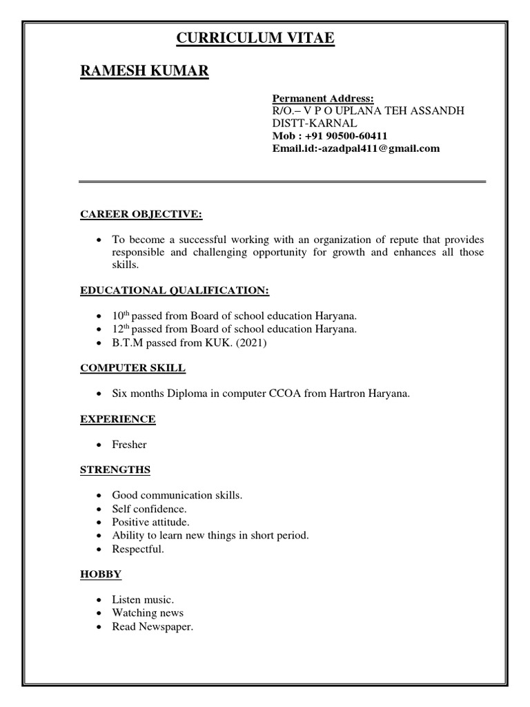 A Resume Showcasing Ramesh Kumar's Educational Qualifications, Skills, Experience, and Career ...