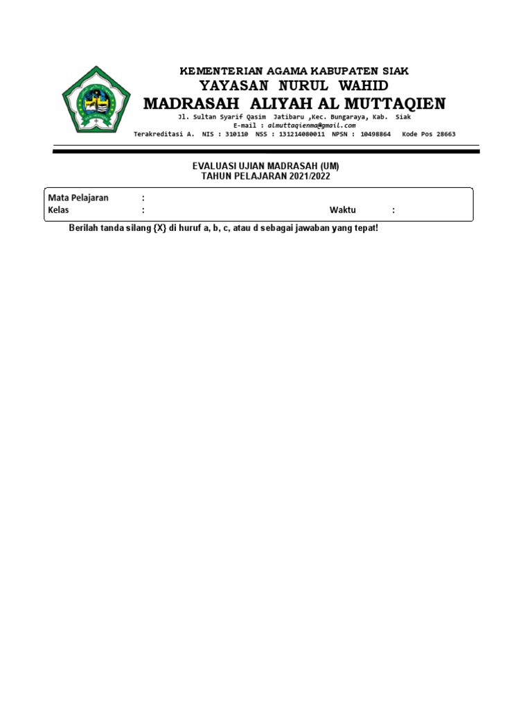 Contoh Kop Ujian Madrasah 2021/2022 | PDF