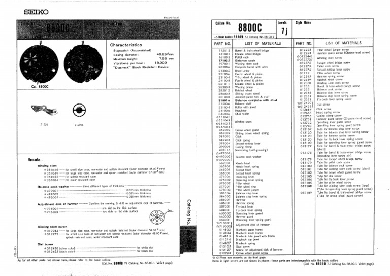 Seiko 8800C Parts List | PDF