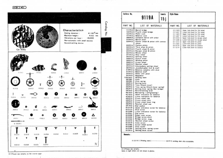 Seiko 9119A Parts List | PDF