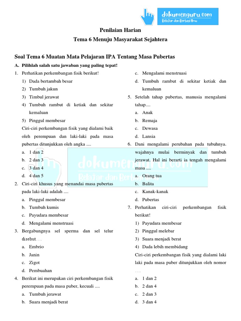 Soal IPA Tentang Pubertas Kelas 6 SD Tema 6 Menuju Masyarakat Sejahtera | PDF
