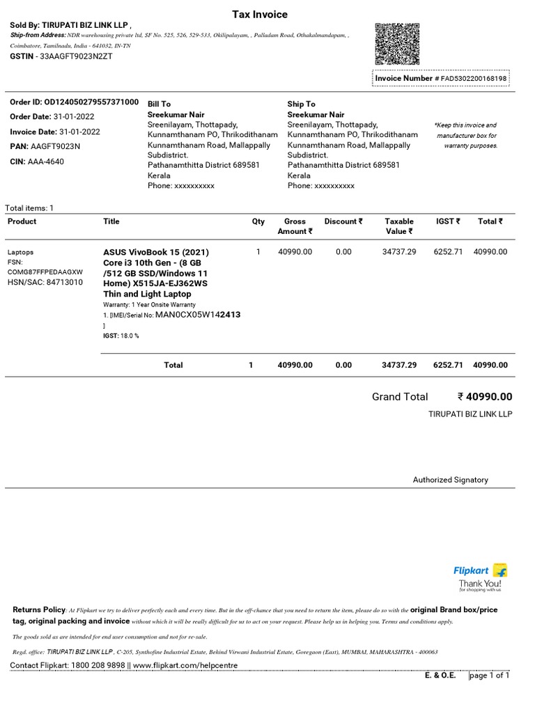 Asus Laptop Invoice | PDF | Personal Computers | Computing
