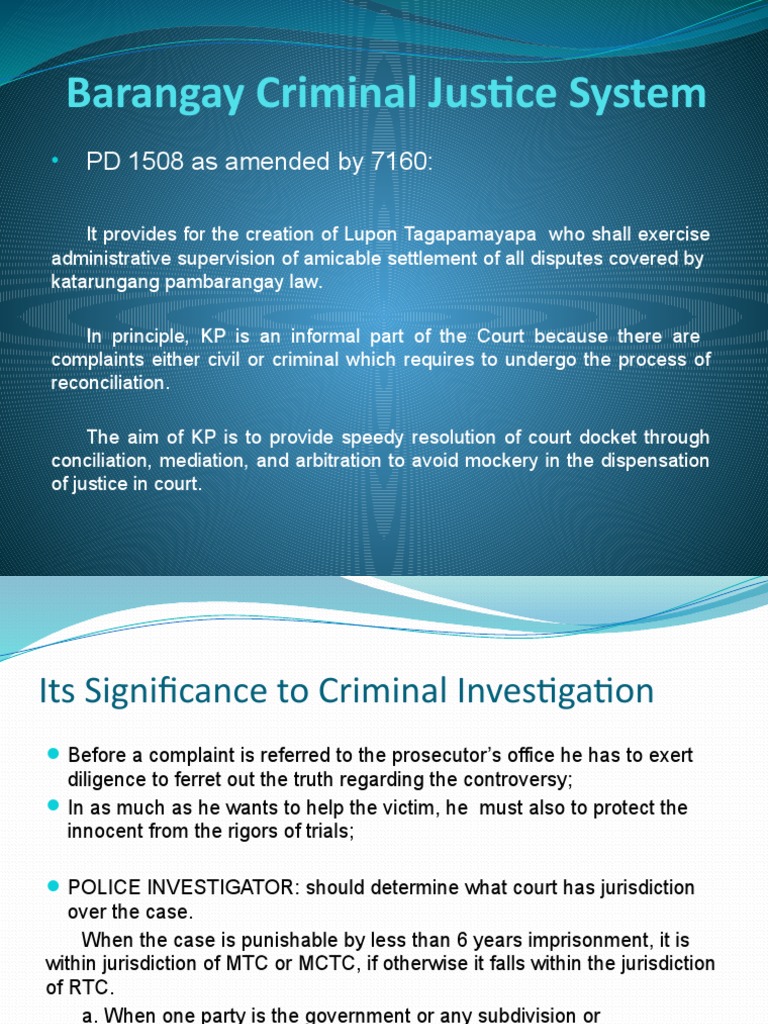 Barangay Criminal Justice System | PDF | Jurisdiction | Complaint
