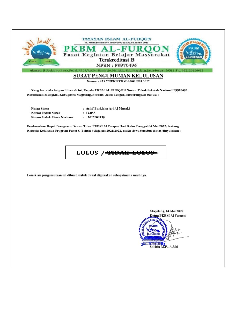 Surat Kelulusan Siswa PKBM Al Furqon | PDF