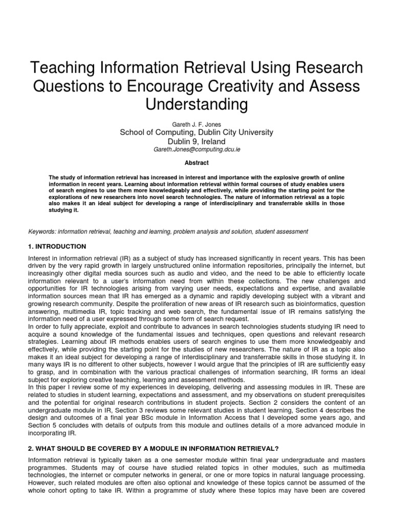 Teaching Information Retrieval Using Research Questions To Encourage ...