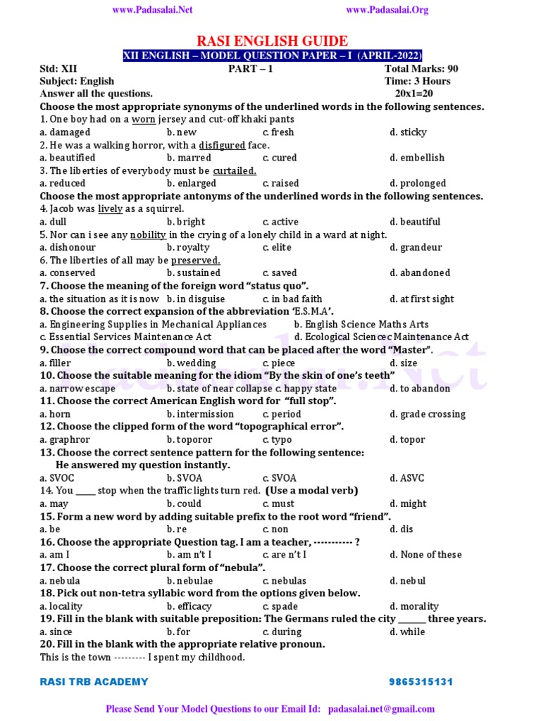 12th English - Question Paper Model With Answer Keys For Public Exam ...