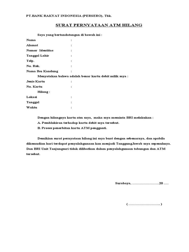SURAT PERNYATAAN Atm Hilang | PDF
