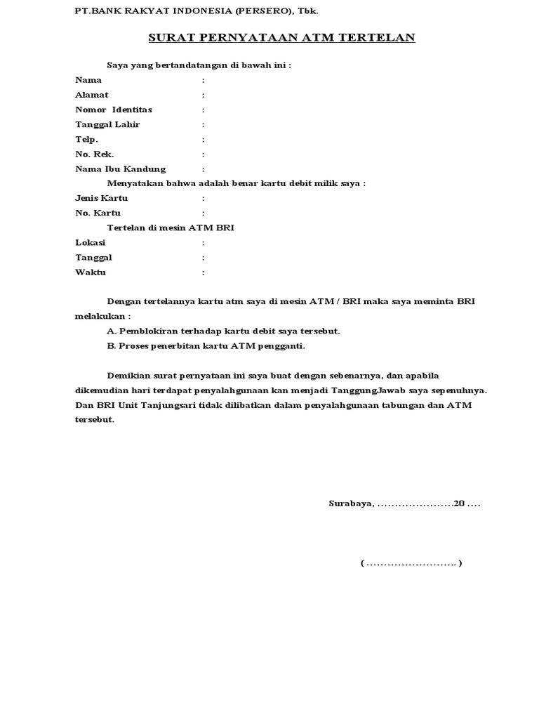SURAT PERNYATAAN Atm Tertelan | PDF
