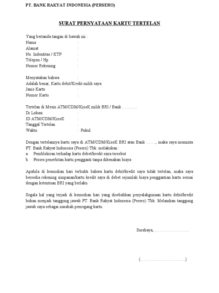 Surat Pernyataan Kartu Tertelan BRI | PDF
